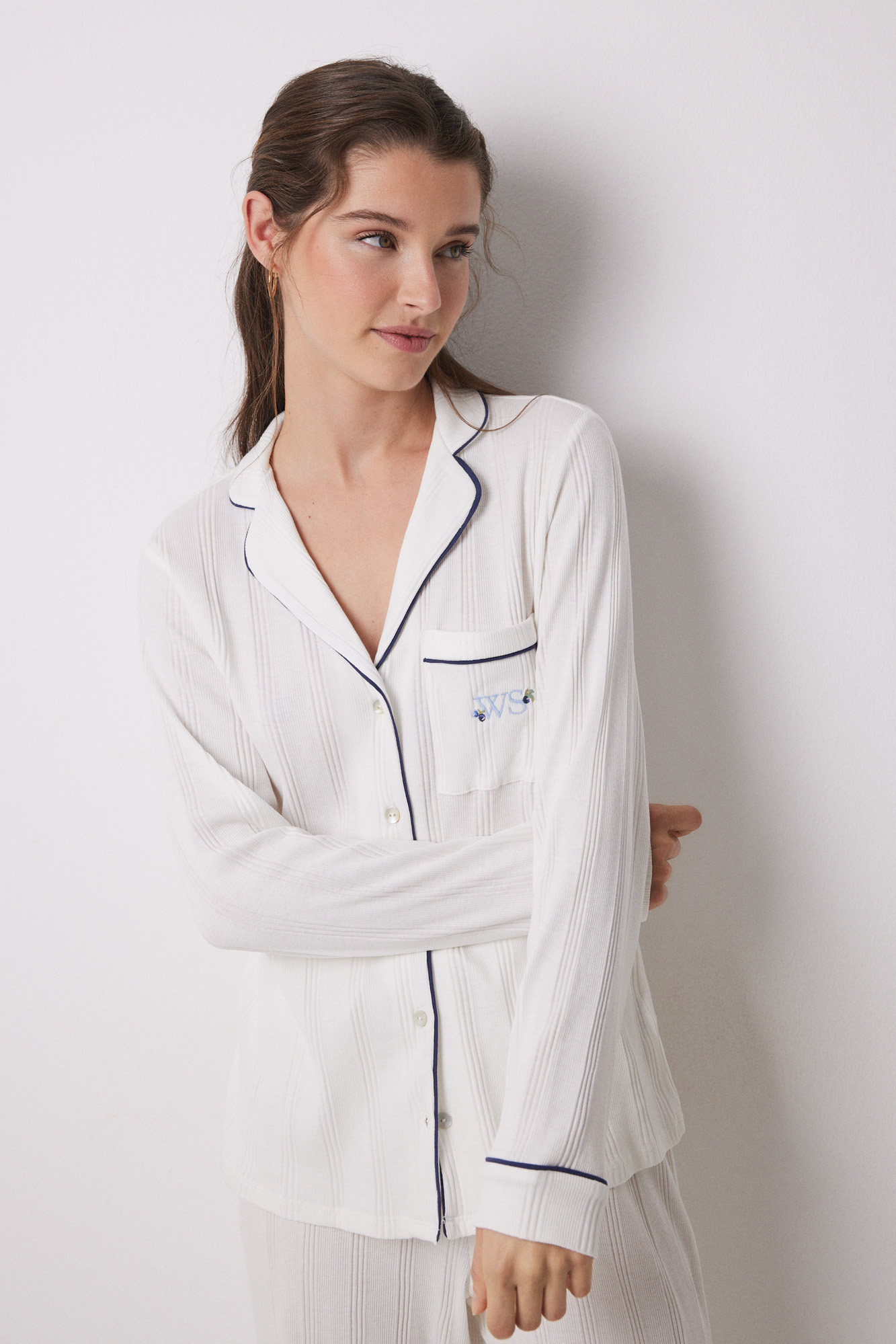 Pijama camisero 100% algodón canalé blanco | Pijamas de mujer | SPF
